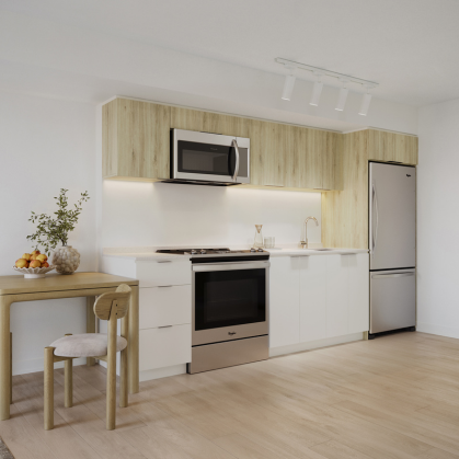 Rendered image of a one-bedroom suite kitchen at 610 Martin Grove ...